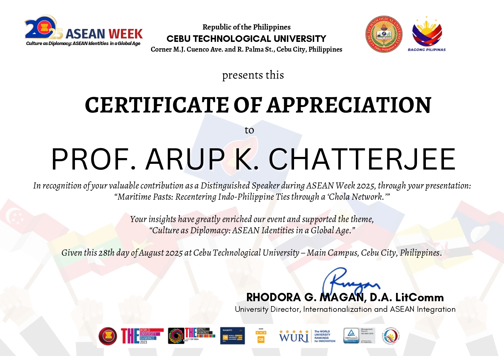 Cebu Technological University Honors Prof. Arup K. Chatterjee at ASEAN ...